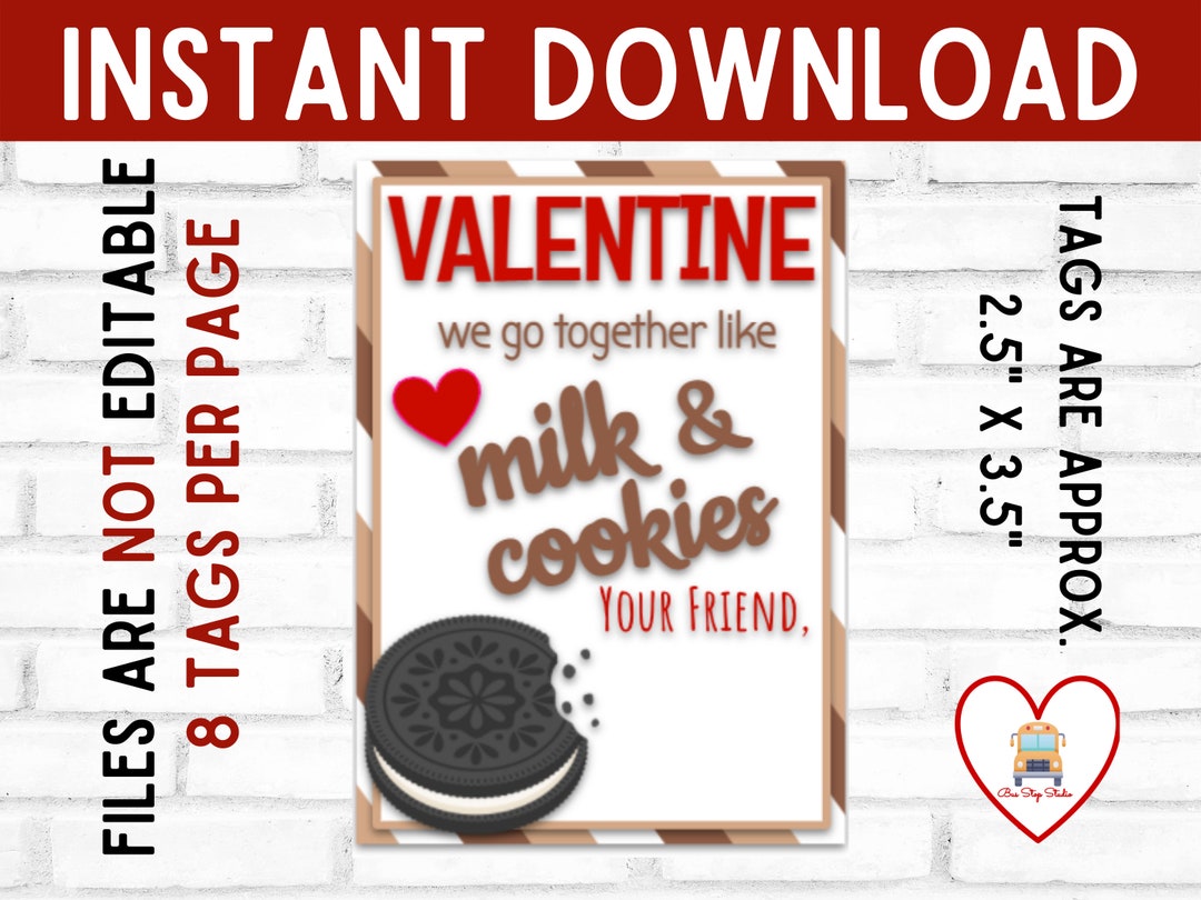 Valentine's Day Printable Tag, Cookie Tags, Milk and Cookies Tags ...