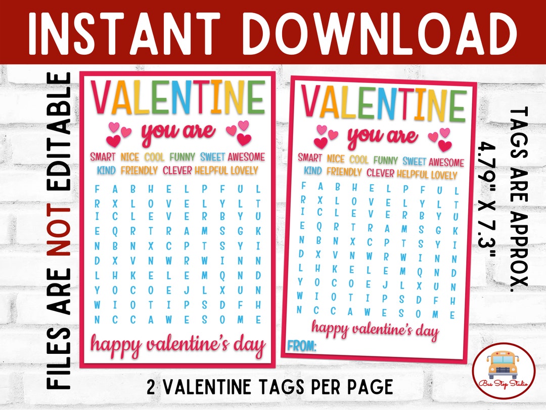 Word Search Valentine's Day Gift Tag, Class Valentine, Valentine ...