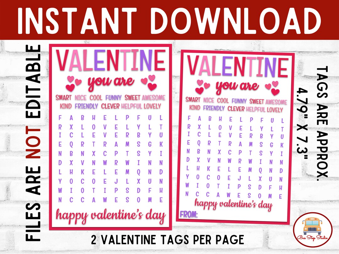 Word Search Valentine's Day Gift Tag, Class Valentine, Valentine ...