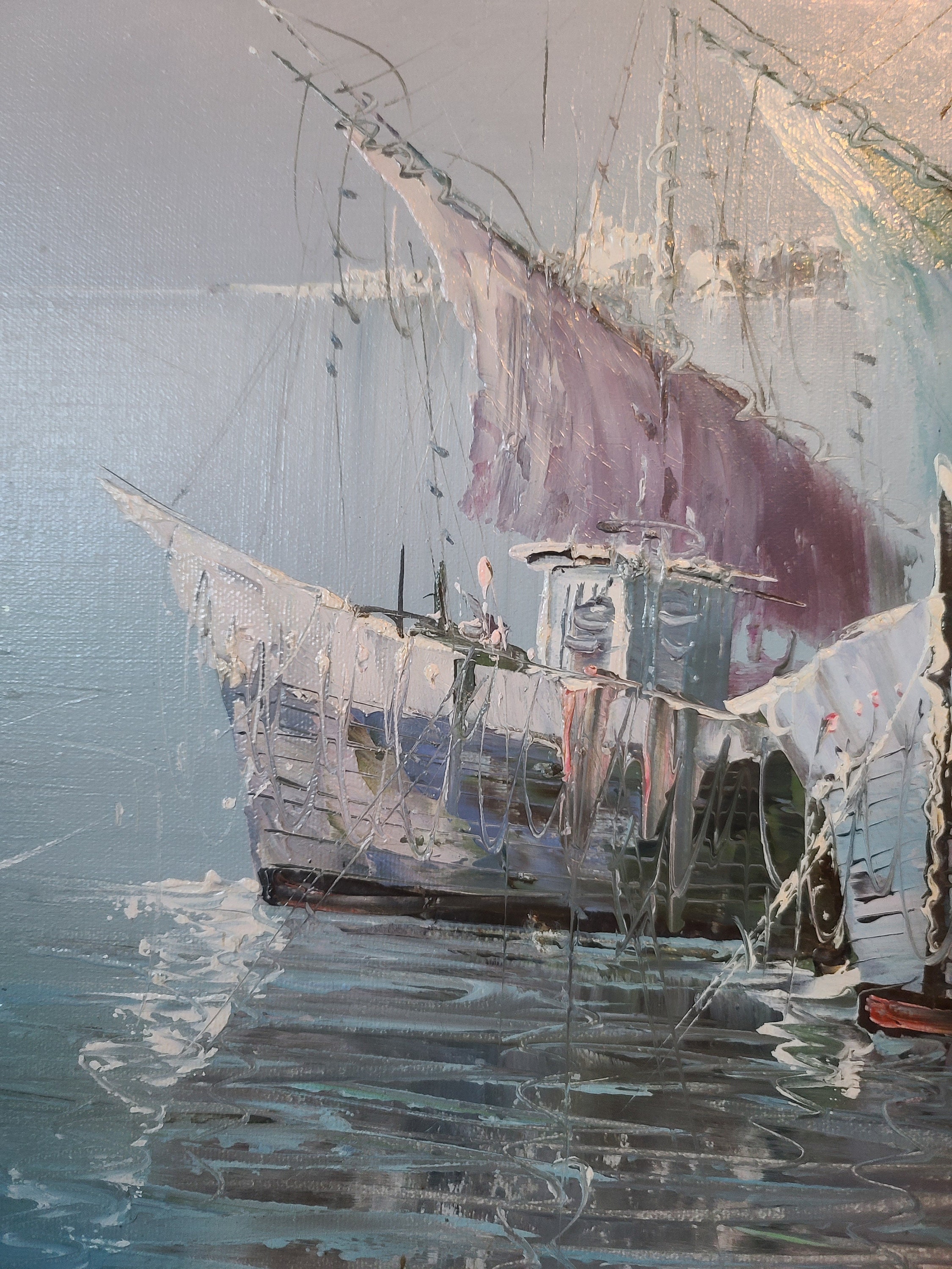 Large, Beautiful, Original Oil on Canvas Painting - 1800s Warf/nautical ...