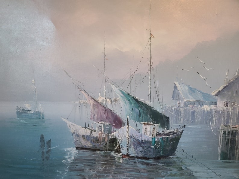 Large, Beautiful, Original Oil on Canvas Painting - 1800s Warf/nautical ...