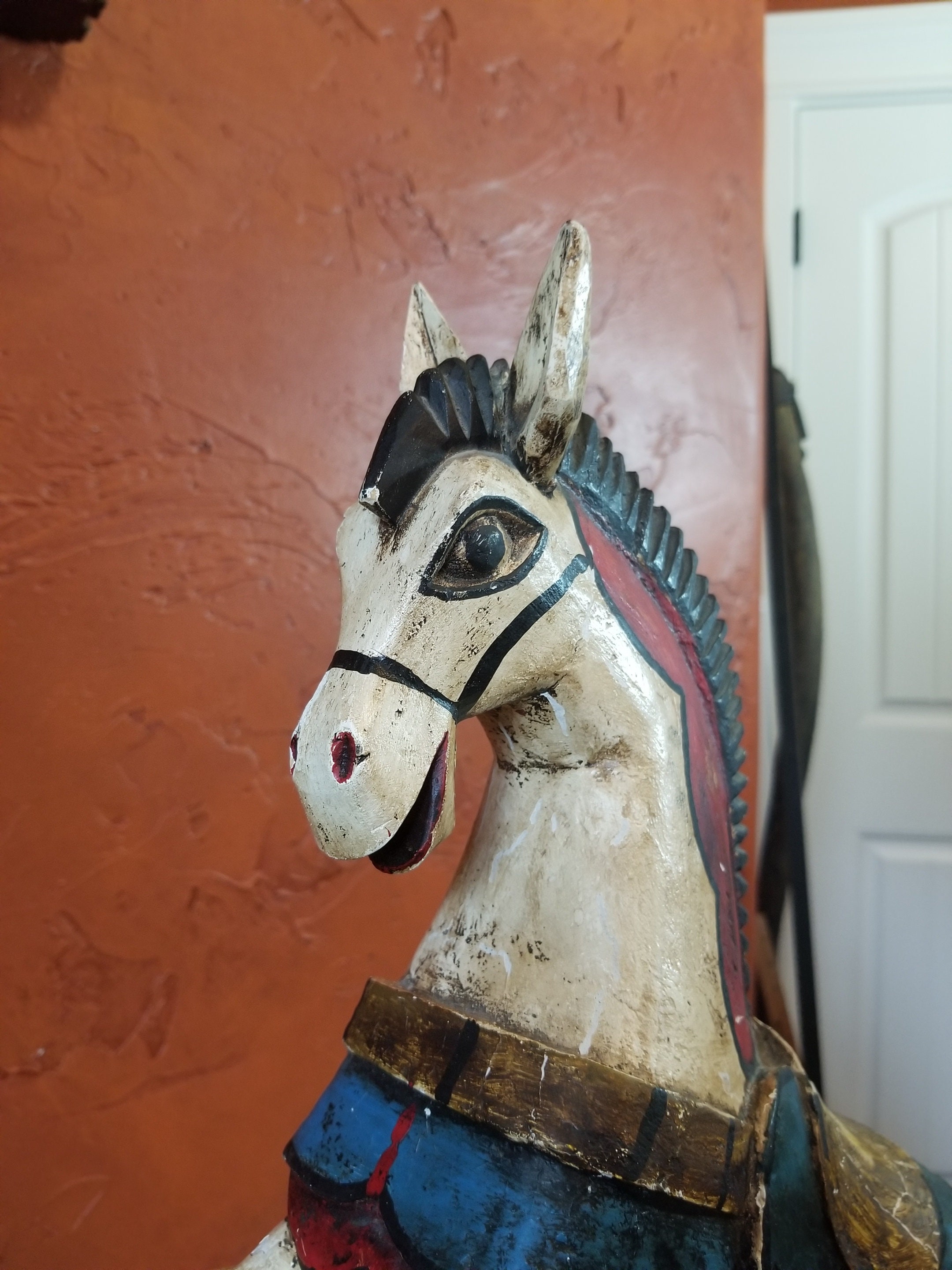 Amazing, Large, Antique Wood Pony Hand Carved and Colorfully Painted ...