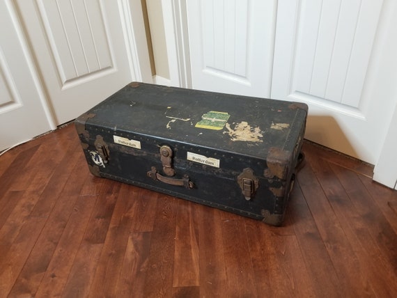 Gorgeous Black Original Exterior Fresh Cedar lined Interior. Flat Top Steamer Trunk With Original Travel Stickers markings Etsy