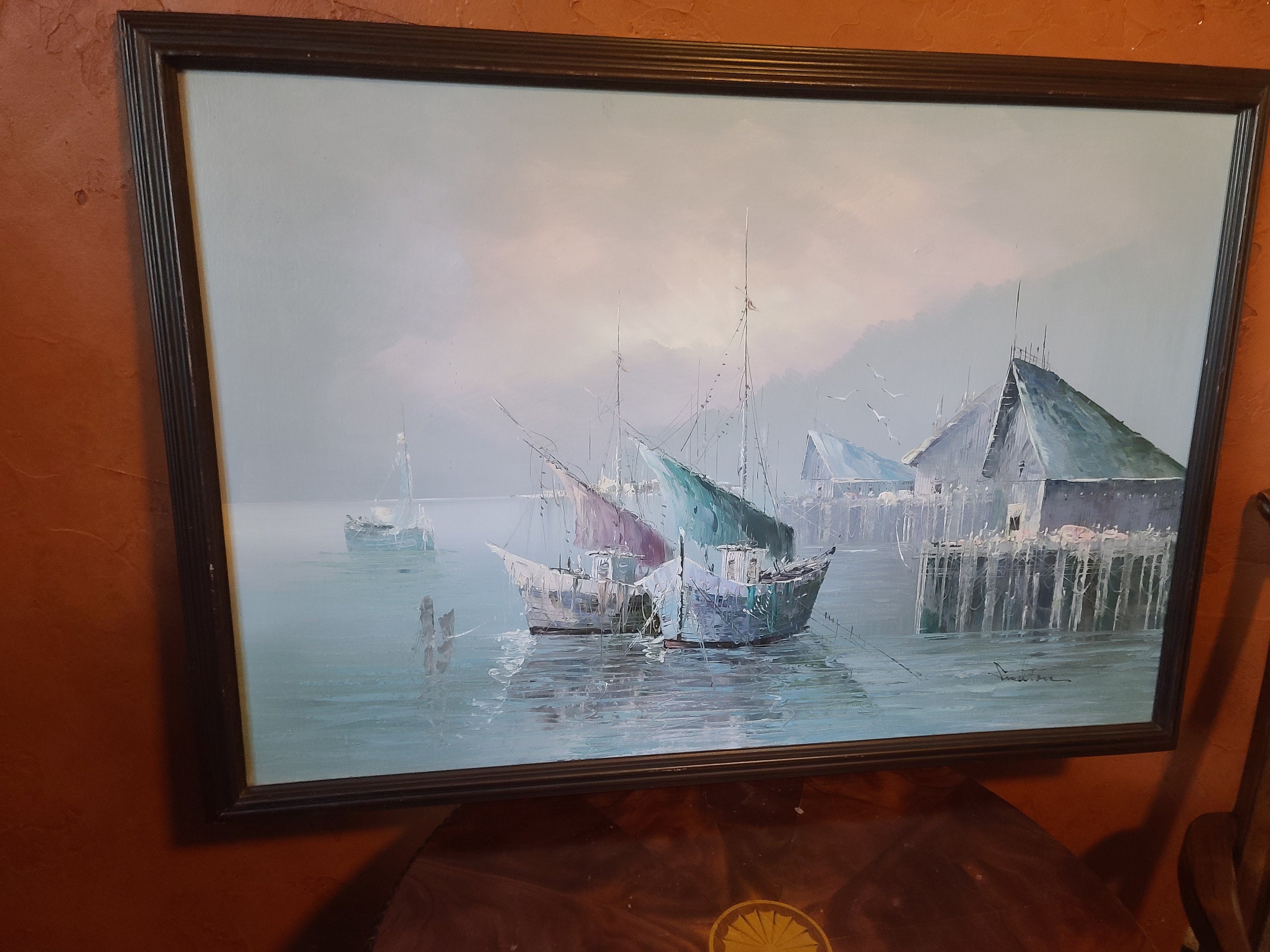 Large, Beautiful, Original Oil on Canvas Painting - 1800s Warf/nautical ...