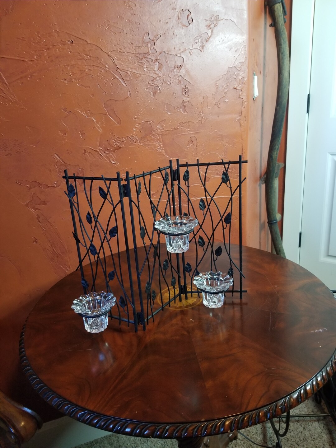 Beautiful Vintage Iron Vine Screen With Italian Crystal Candle Holders ...