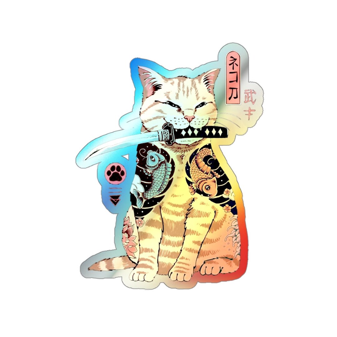 Cat Samurai Die-cut Laptop Sticker Car Stickers Glitter Skin Fridge ...