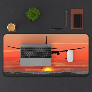Sunset Airplane Landing Desk Mat Red Sunset Desk Pad Modern Desk Mat ...
