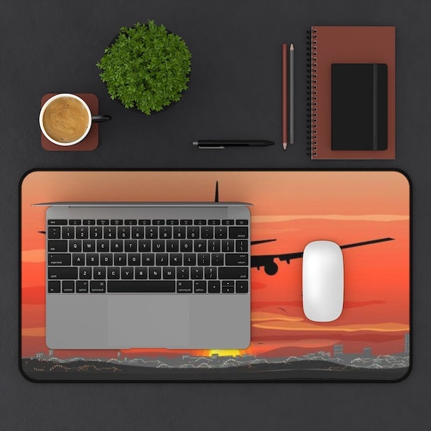 Sunset Airplane Landing Desk Mat Red Sunset Desk Pad Modern Desk Mat ...