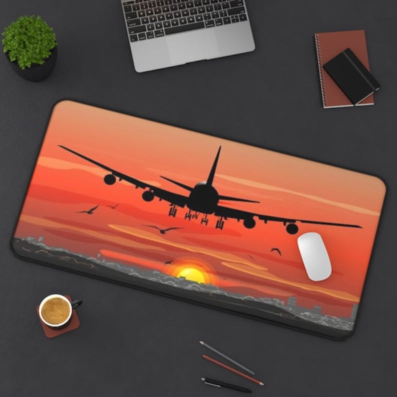Sunset Airplane Landing Desk Mat Red Sunset Desk Pad Modern Desk Mat ...