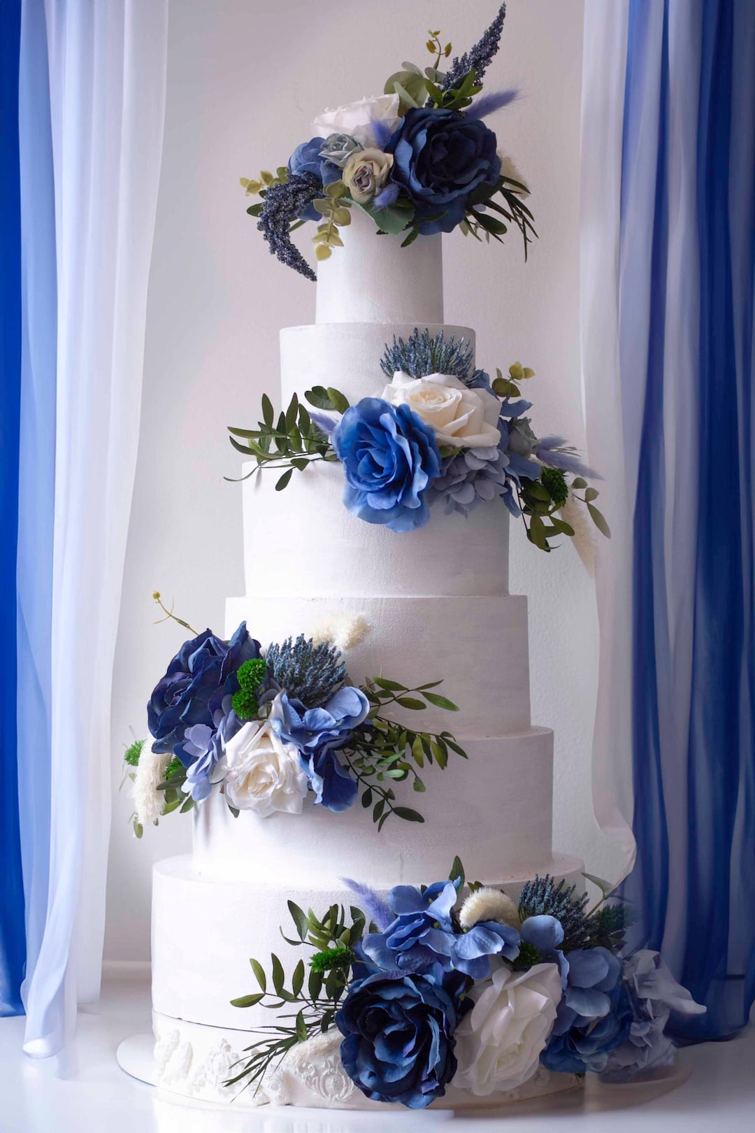 STUNNING ROYAL & DARK Blue Floral Cake Topper Set: 4-piece Elegant ...