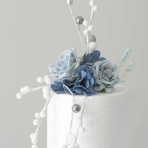 DUSTY BLUE & NAVY Floral Cake Topper | Winter Wedding Decor | 3-piece ...