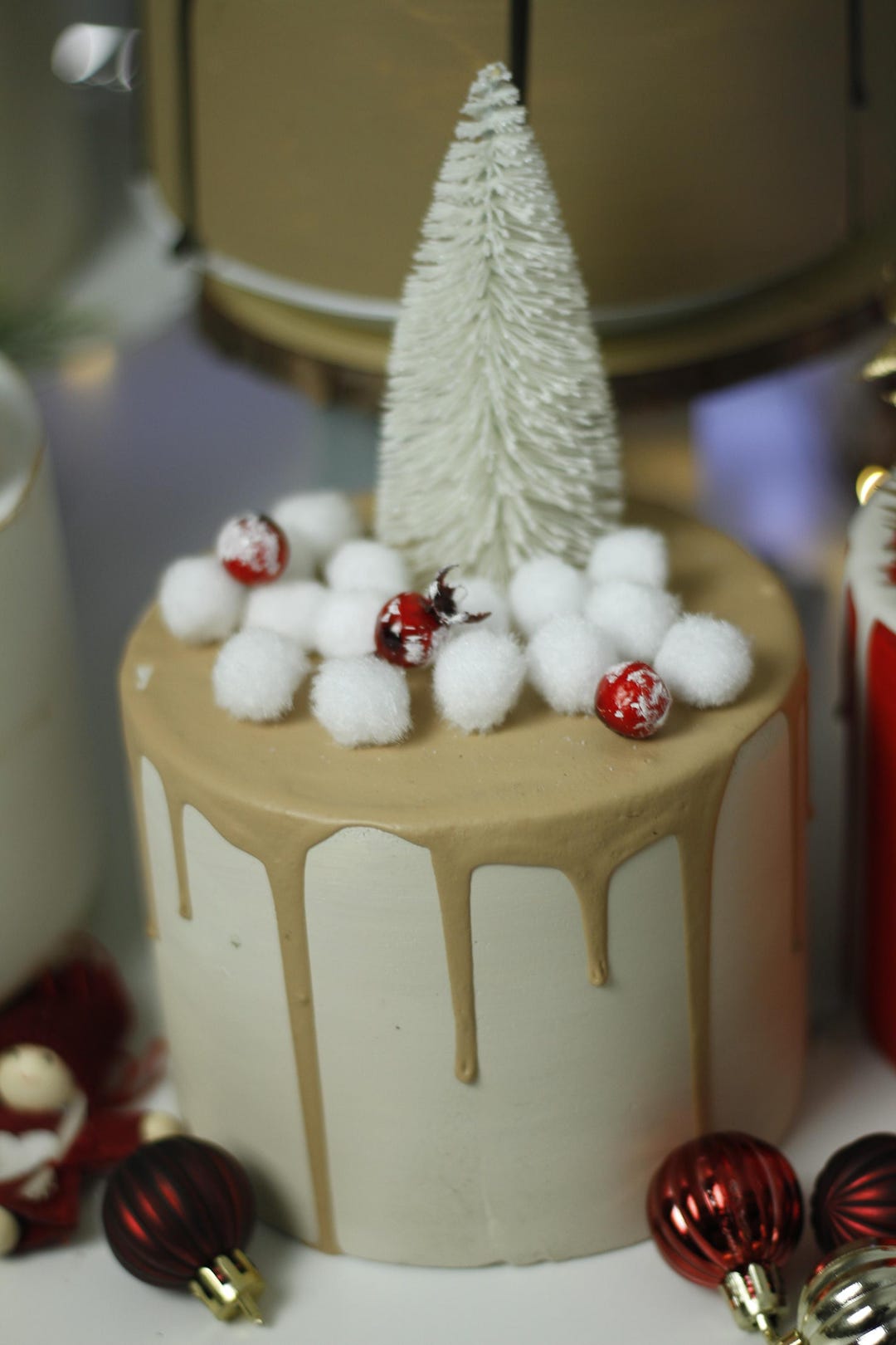 Ivory Faux Cake Christmas Centerpiece: Caramel Drip, White Tree Topper ...