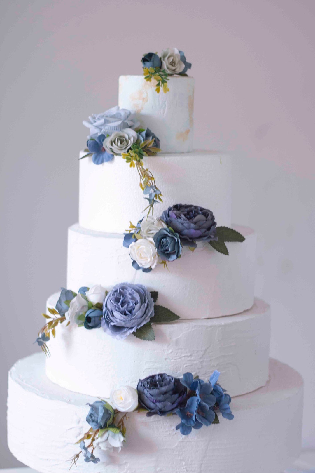 FLOWER WEDDING CAKE Topper, Dusty Blue & Shades of Blue, Elegant Floral ...