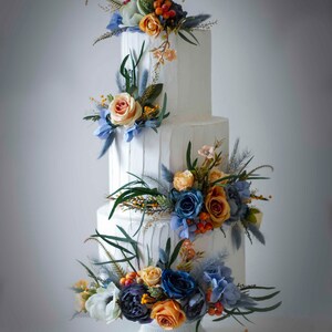 Handmade Flower Cake Topper Set in Blue and Rust Orange, Weddings ...