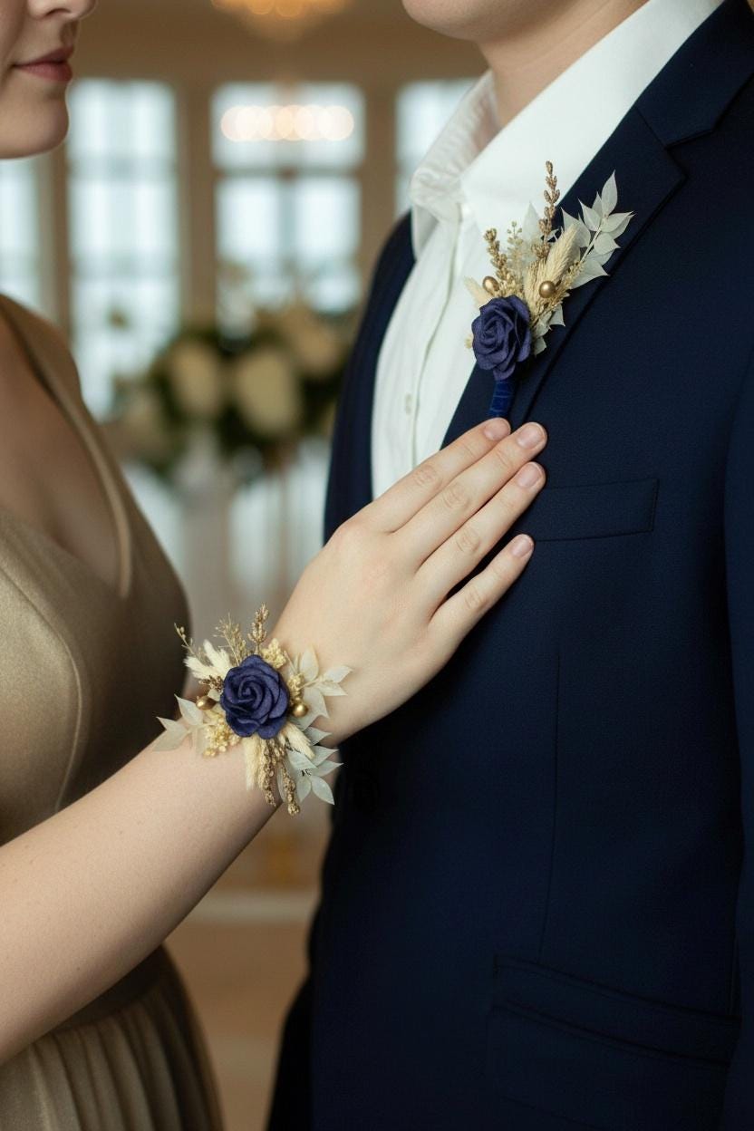 Elegant Navy Blue Corsage, Gold, Off-white Floral Accessory for ...