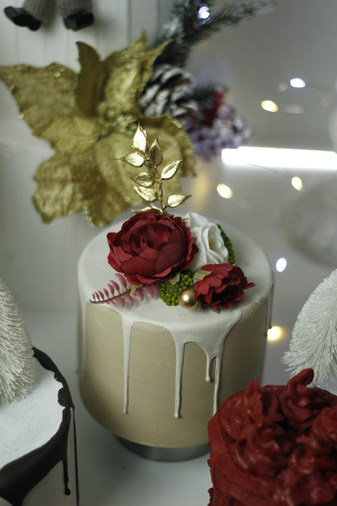 Mini Faux Cake: Beige With Burgundy & Gold Flowers - Holiday Display (4 ...