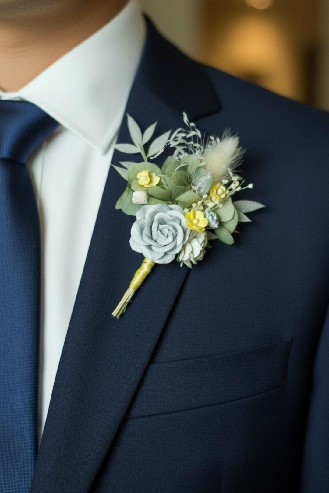 Sophisticated Boutonniere in Baby Blue, Pastel Yellow, Aqua Green, and ...