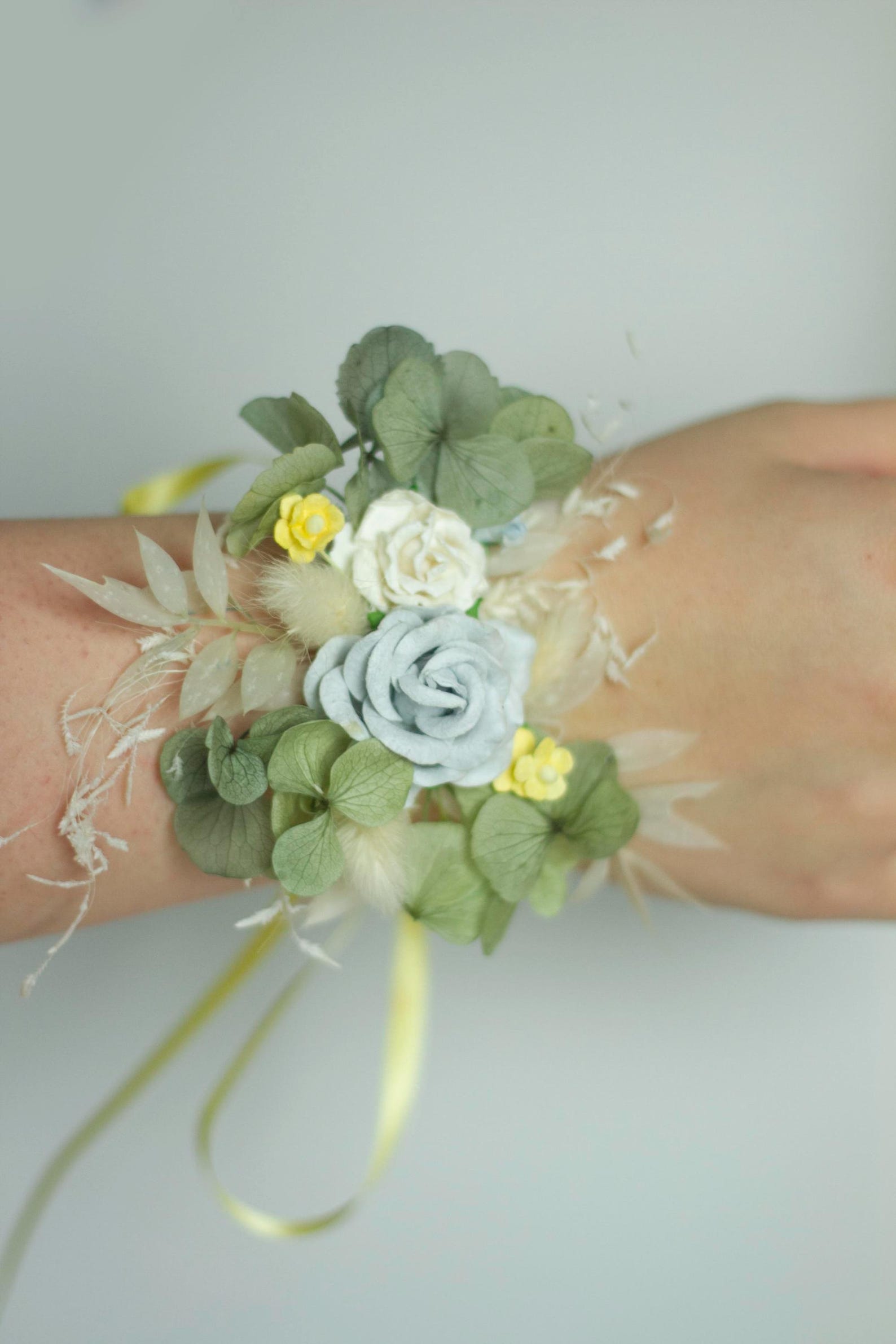 Pastel Yellow Corsage With Baby Blue, Aqua Green, and White Flowers for ...