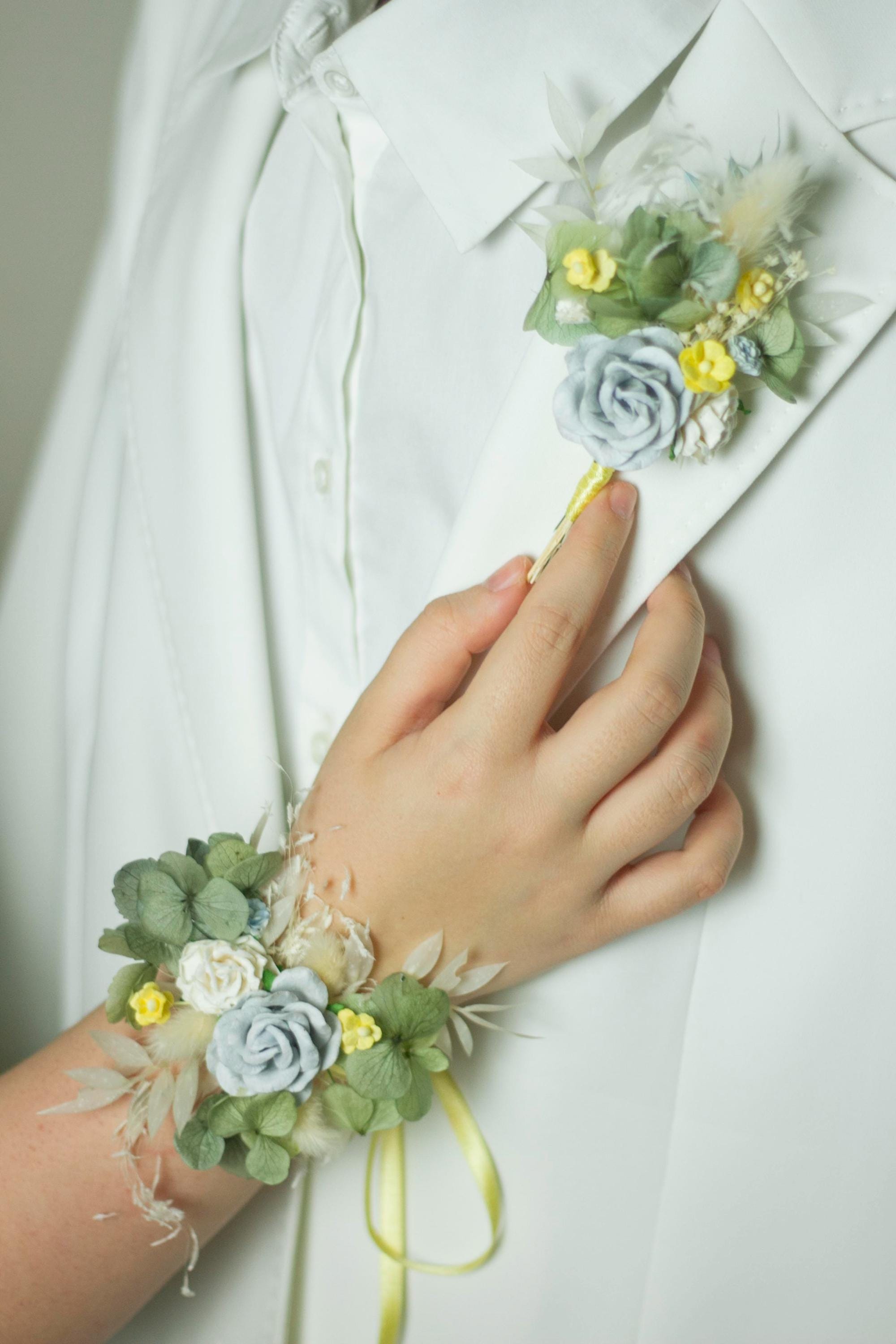 Pastel Yellow Corsage With Baby Blue, Aqua Green, and White Flowers for ...
