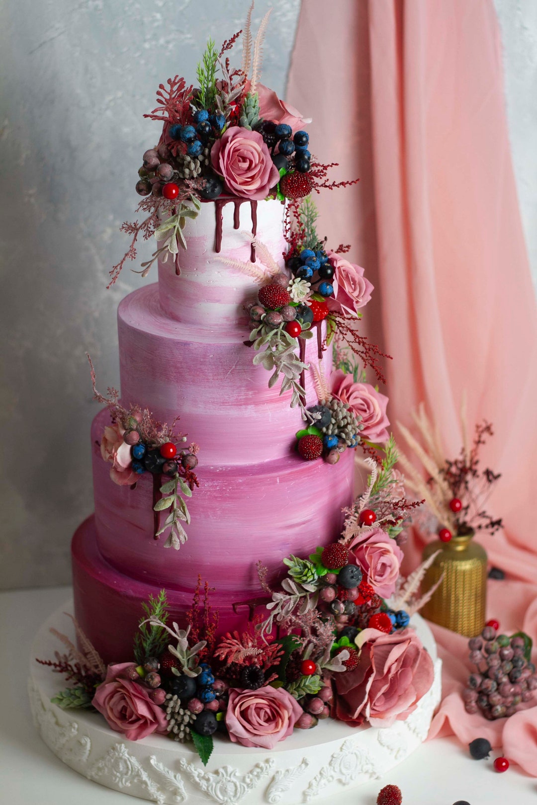 Magenta Floral Cake Topper: Powder Pink Wedding Decor, 7-piece Set - Etsy