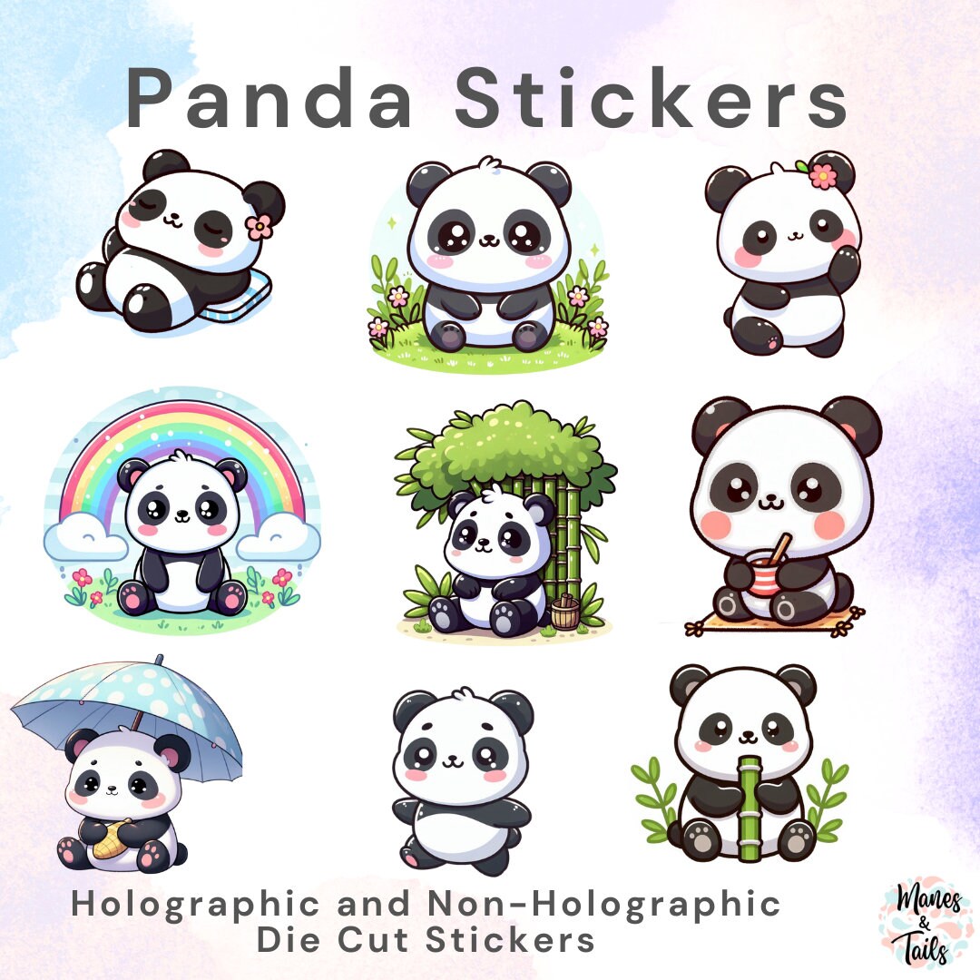 Panda Stickers | 9 DESIGNS Plus HOLOGRAPHIC Finish | WATERPROOF Die Cut ...
