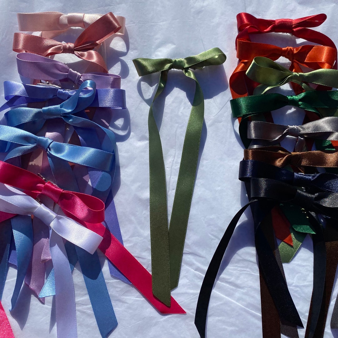 Olive Green Long Tail Satin Hair Ribbon | 16 Colours Available | Hair ...