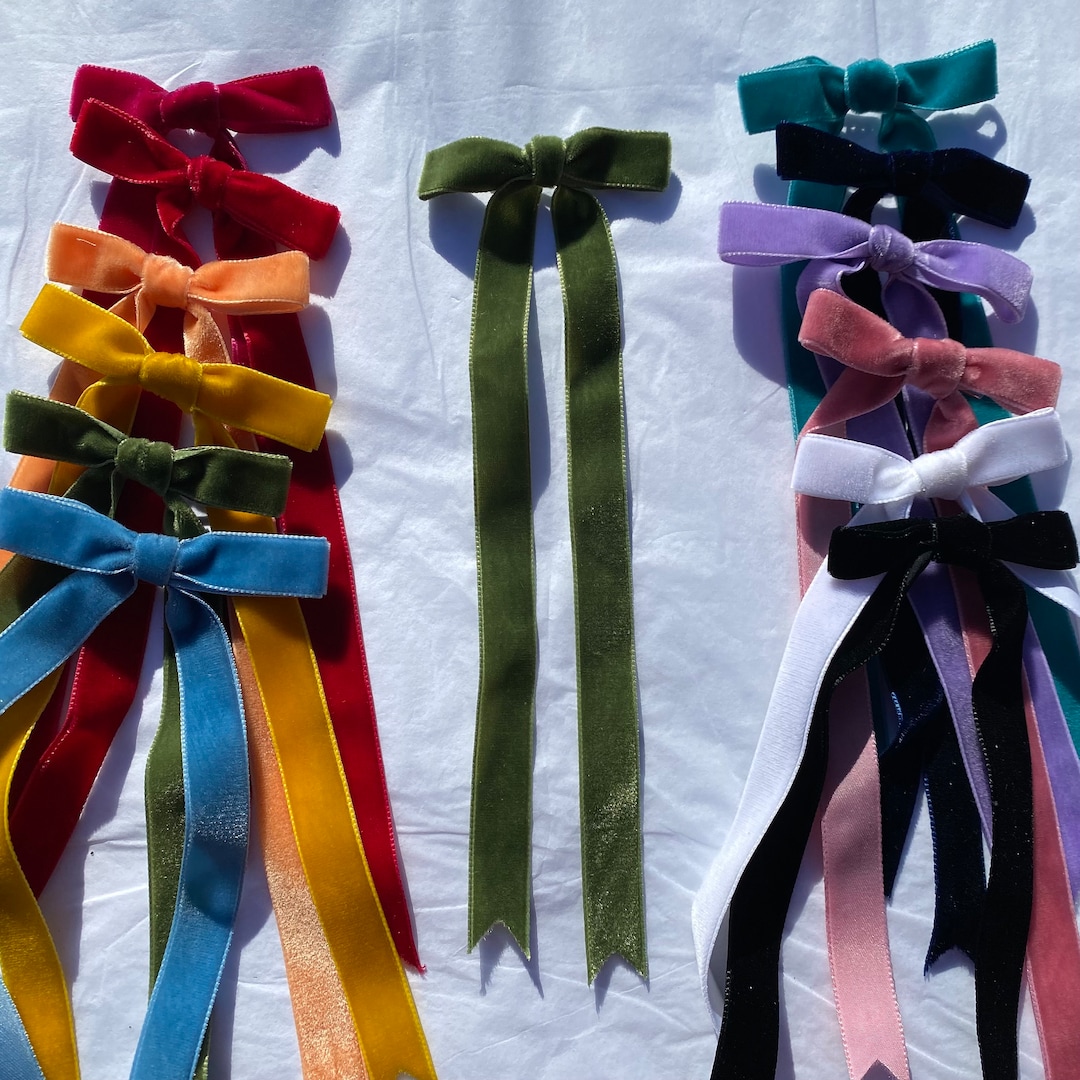 Olive Green Long Tail Velvet Hair Ribbon | 18 Colours Available | Hair ...