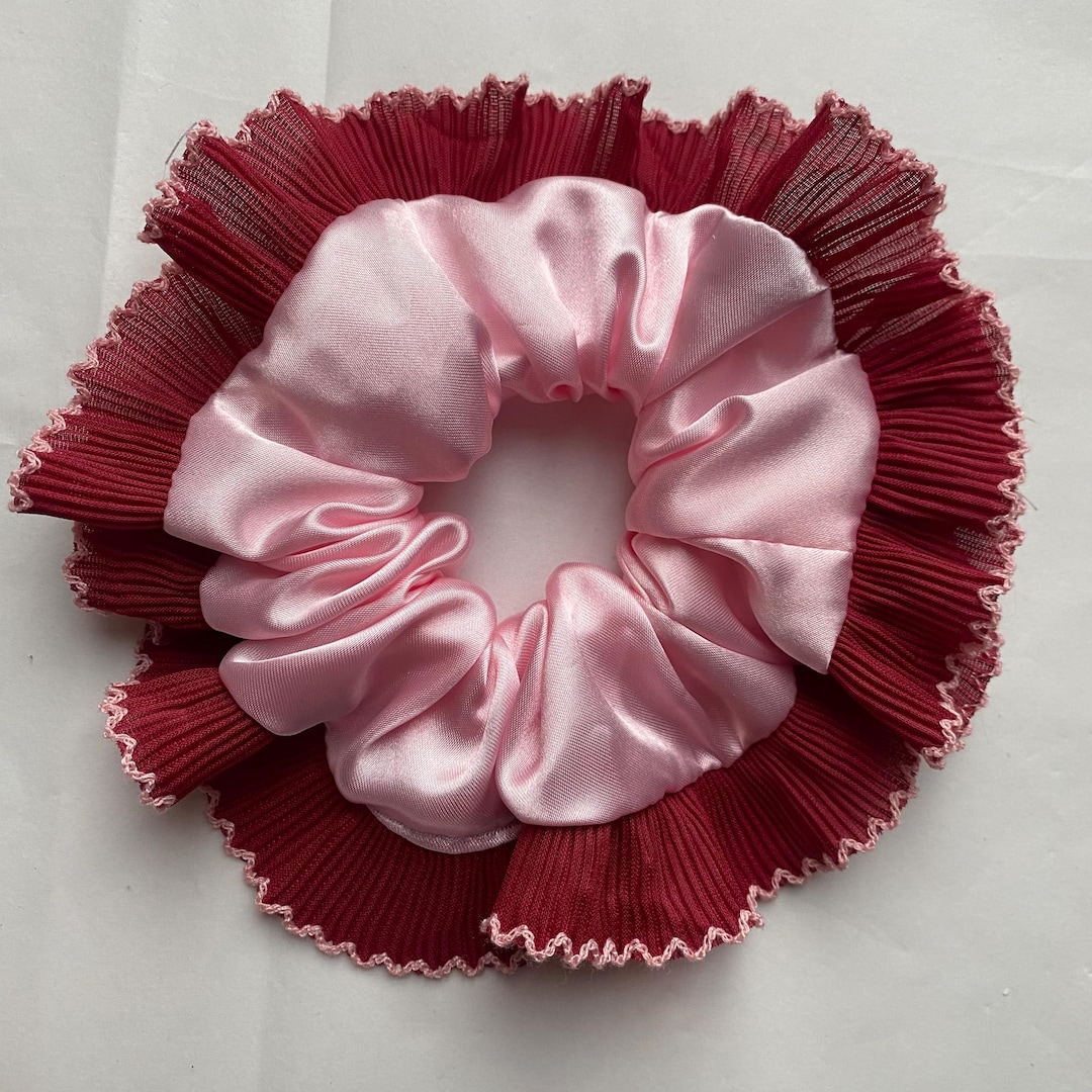 XL Pink Satin Scrunchie With Burgundy Frill | Frill Scrunchie, Ruffle ...