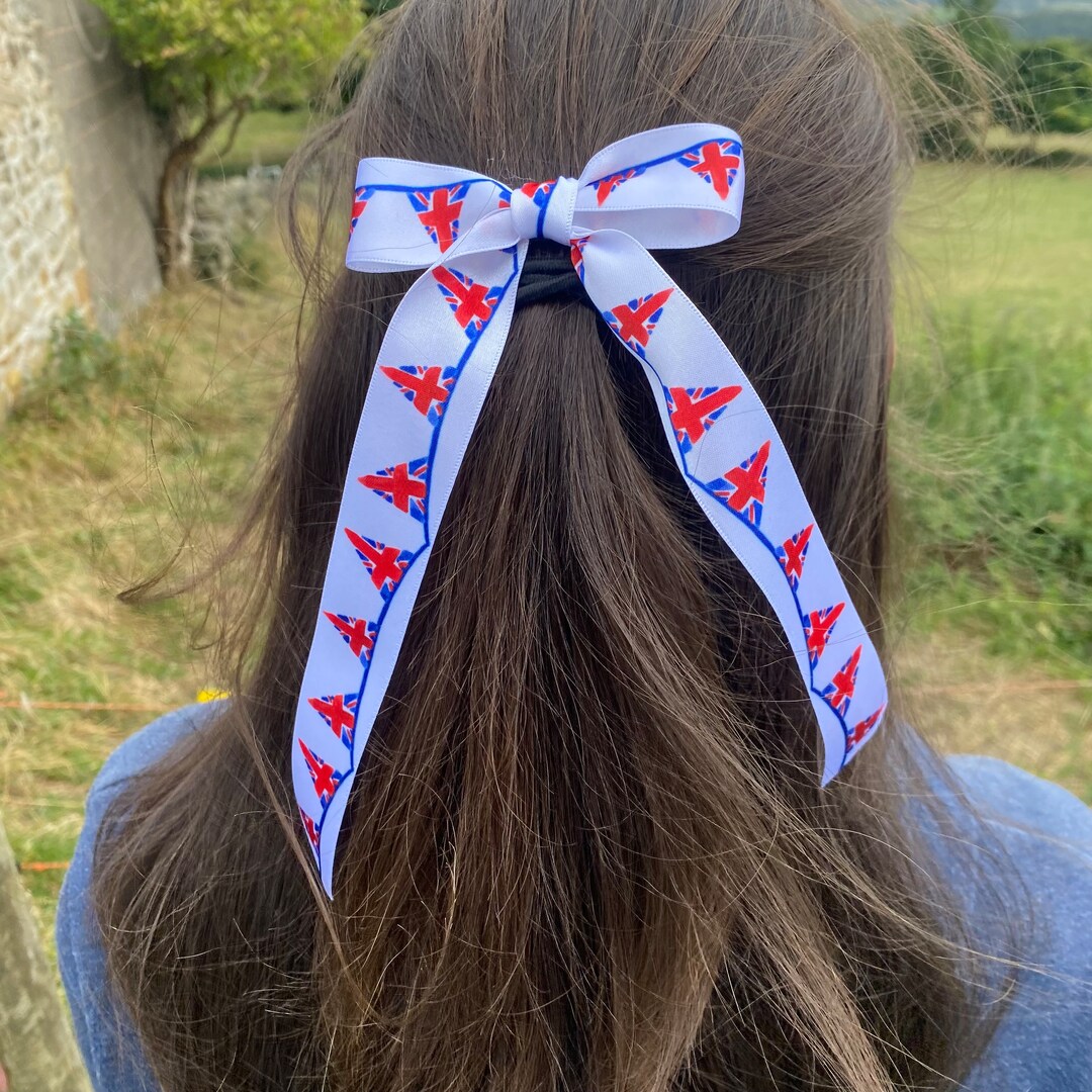 Union Jack Long Tail Satin Hair Ribbon | Large Hair Bow, Hair Bow Clip ...