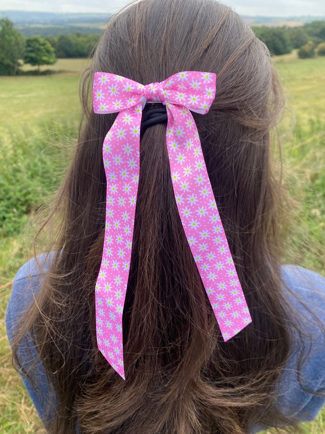 Pink Daisy Floral Long Tail Satin Hair Ribbon | Large Hair Bow, Hair ...