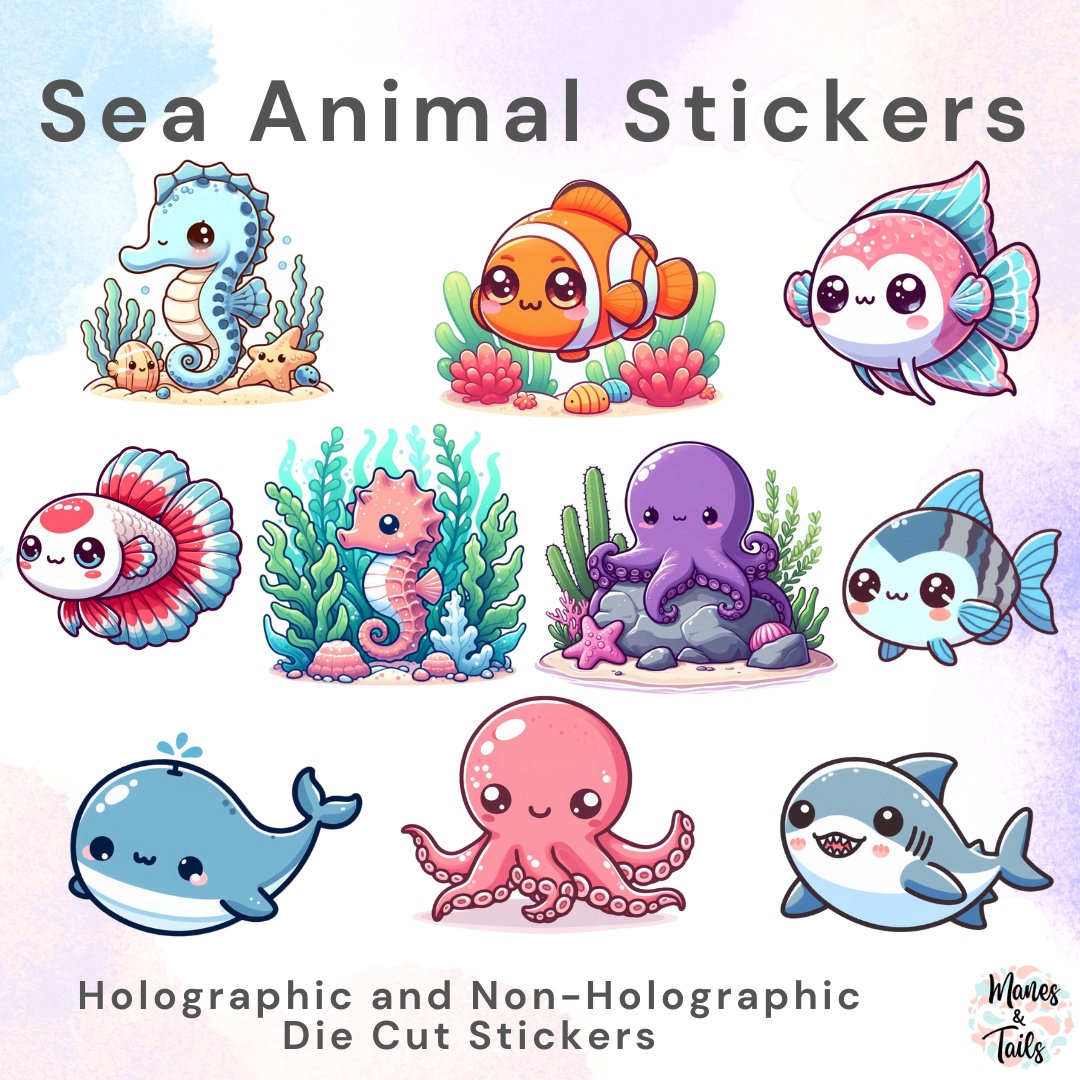 Sea Animal Stickers | 10 DESIGNS Plus HOLOGRAPHIC Finish | WATERPROOF ...