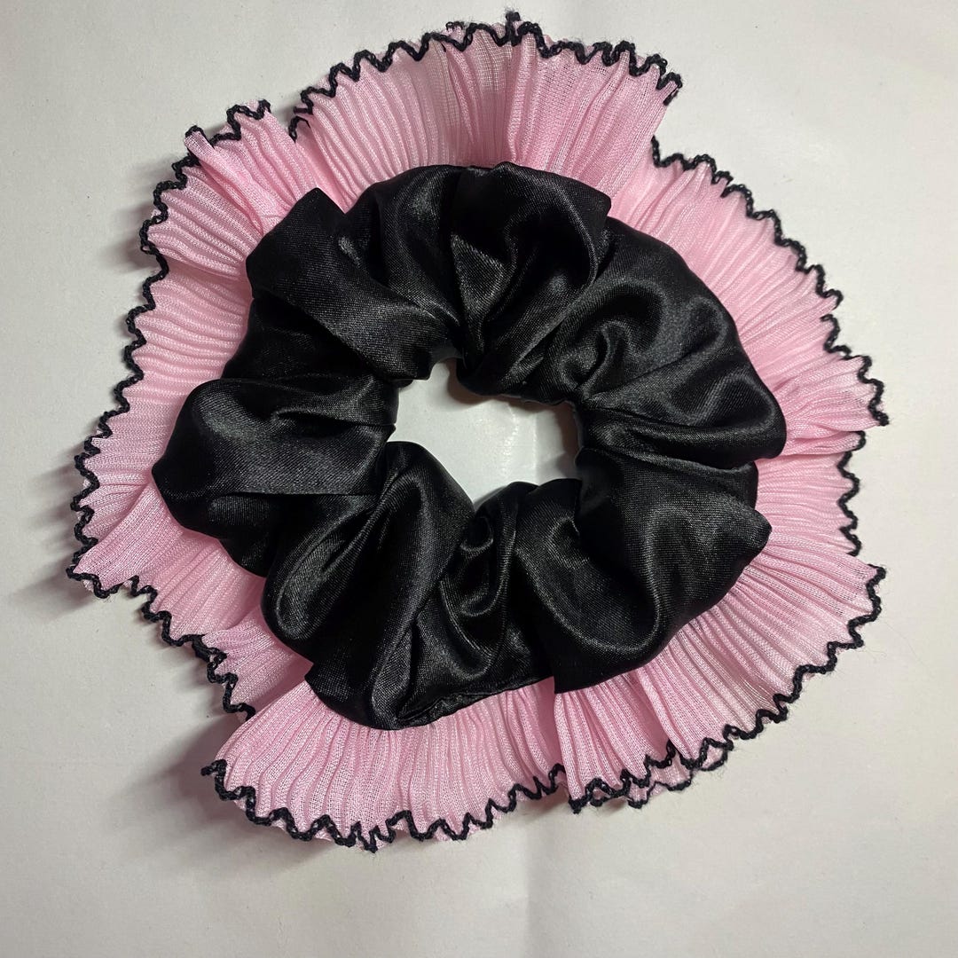 XL Black Satin Scrunchie With Pink Frill | Frill Scrunchie, Ruffle ...