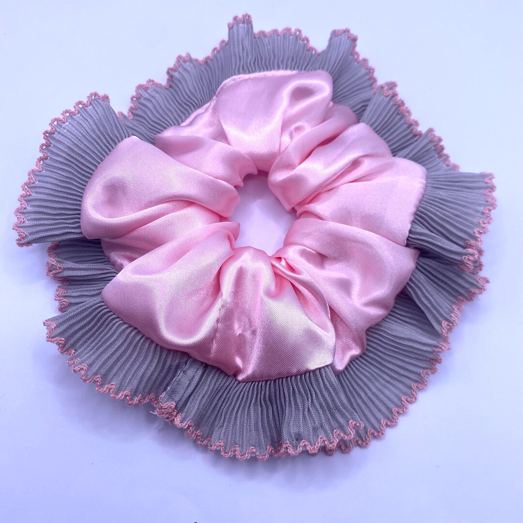 XL Pink Satin Scrunchie With Grey Frill | Frill Scrunchie, Ruffle ...