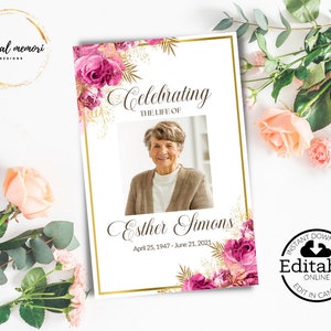 Memorial Service Template, Editable Funeral Program Template, Rose Pink ...