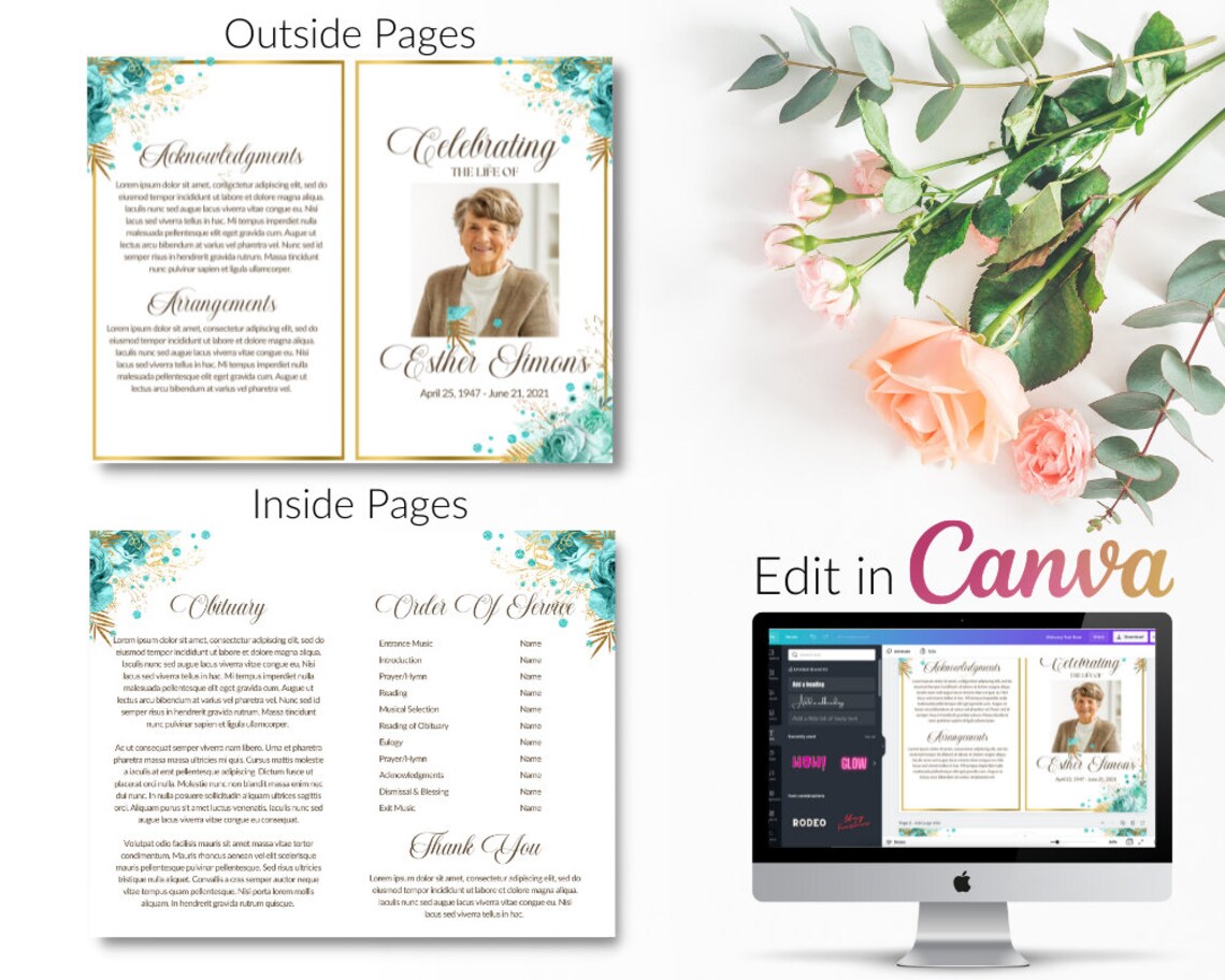 Memorial Service Template, Editable Funeral Program Template, Rose Pink ...