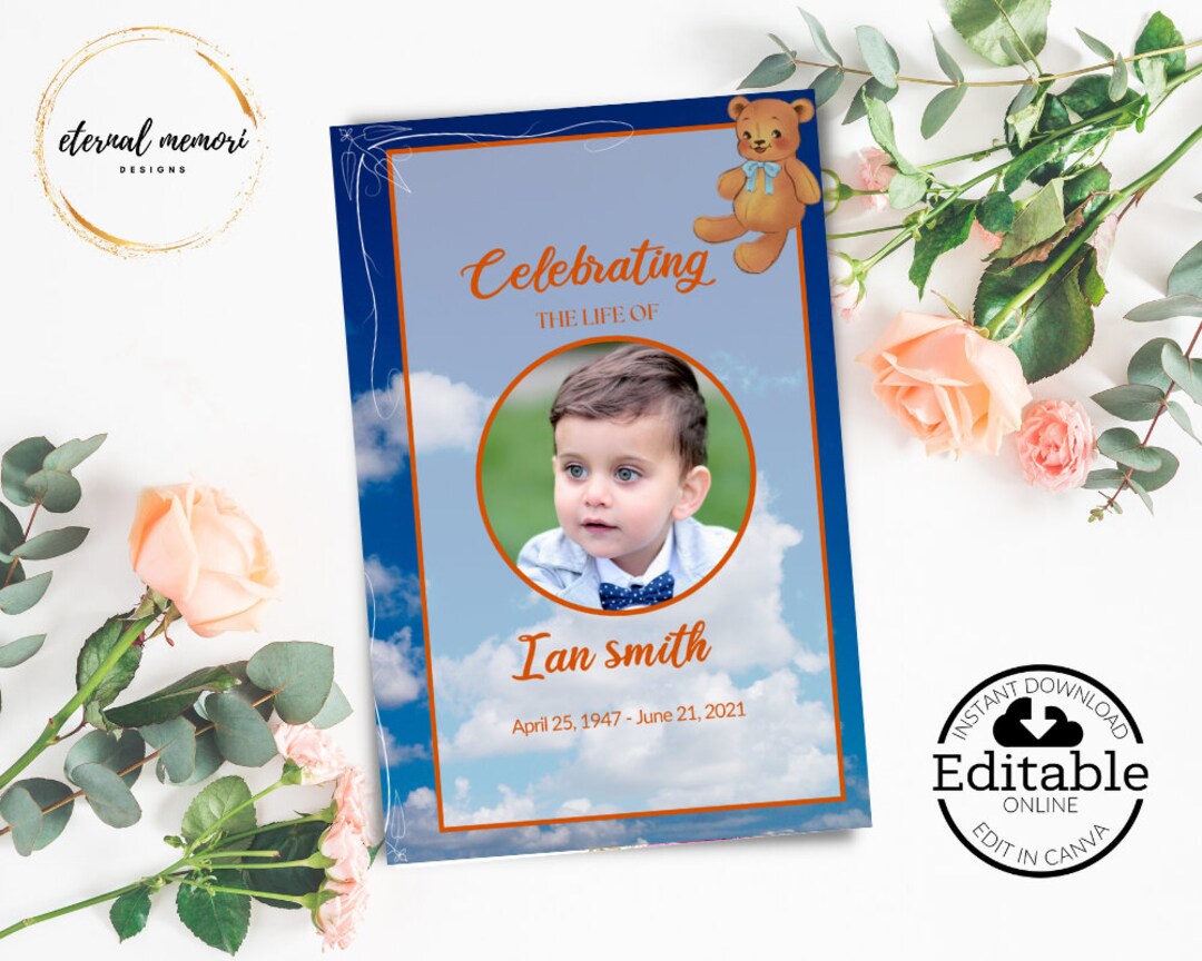 Memorial Service Template, Editable Funeral Program Template, Blue Sky ...