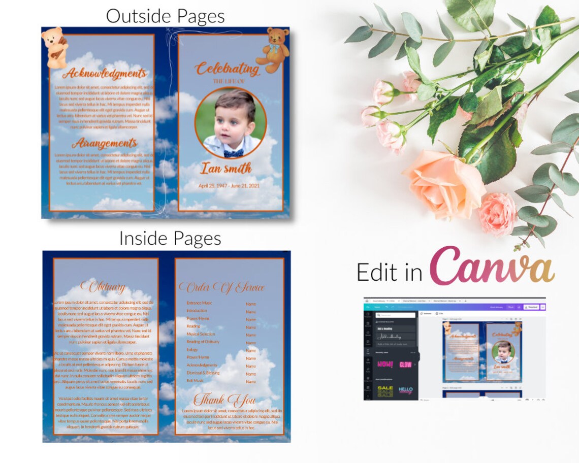 Memorial Service Template, Editable Funeral Program Template, Blue Sky ...