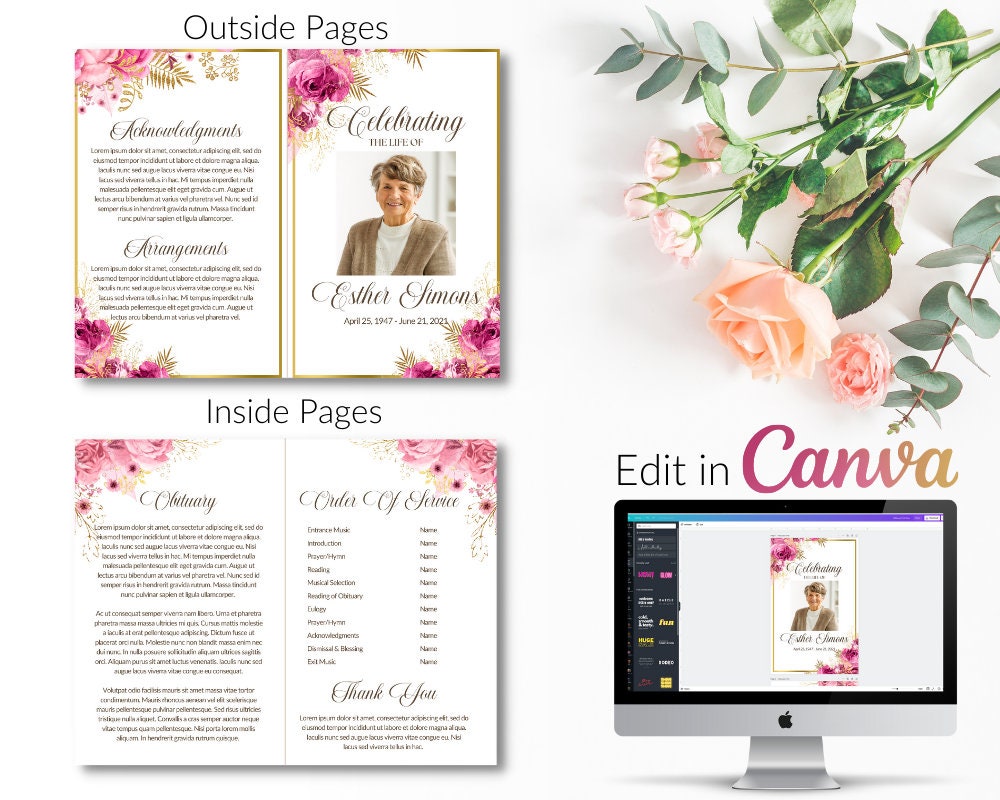 Memorial Service Template, Editable Funeral Program Template, Rose Pink ...