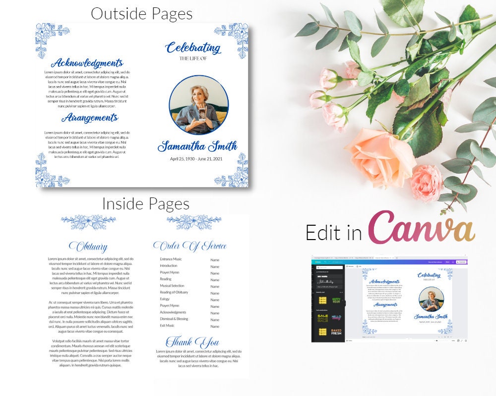 Memorial Service Template, Editable Funeral Program Template, Blue and ...