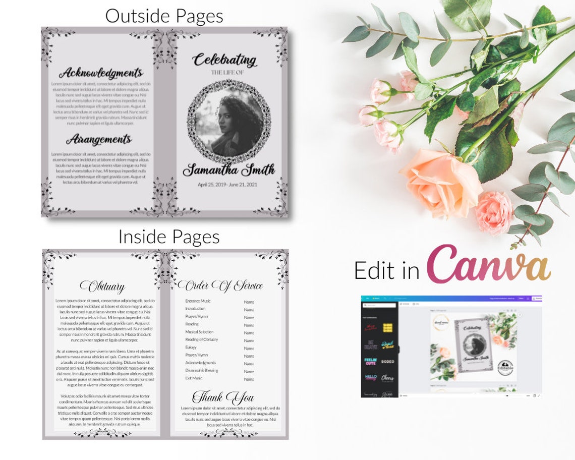 Memorial Service Template, Editable Funeral Program Template, Black and ...