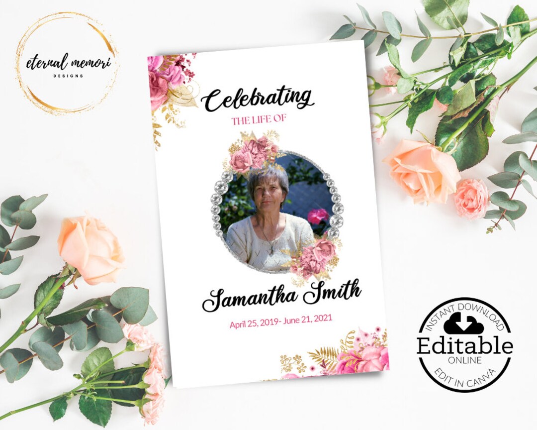 Memorial Service Template, Editable Funeral Program Template, Pink Rose ...