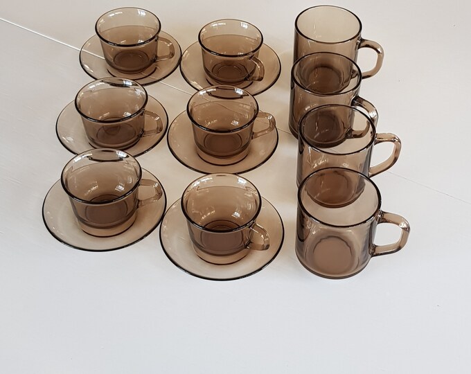 Arcoroc France Smoke Glass Cup and Saucer and Mugs 10 Pieces Set of 10 ...