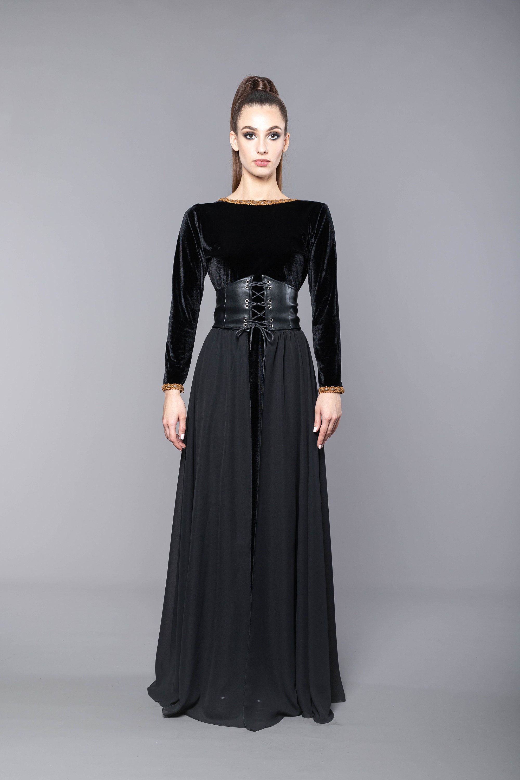 Long Black Velvet Dress With Separate Corset Eco Leather Long Black Velvet Dress With Separate Corset Eco Leather