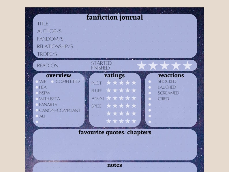 Fanfiction Journal Digital Tracker Sheet Printable Reading - Etsy