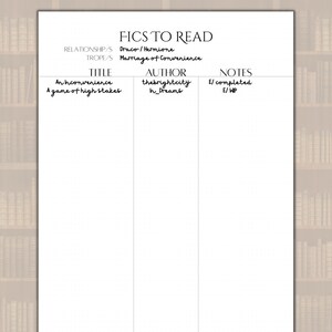 Fanfiction Journal Printable to Be Read List, Reading Tracker, Reading ...