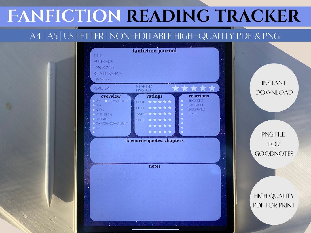 Fanfiction Journal Digital Tracker Sheet, Printable | Reading Diary Log ...