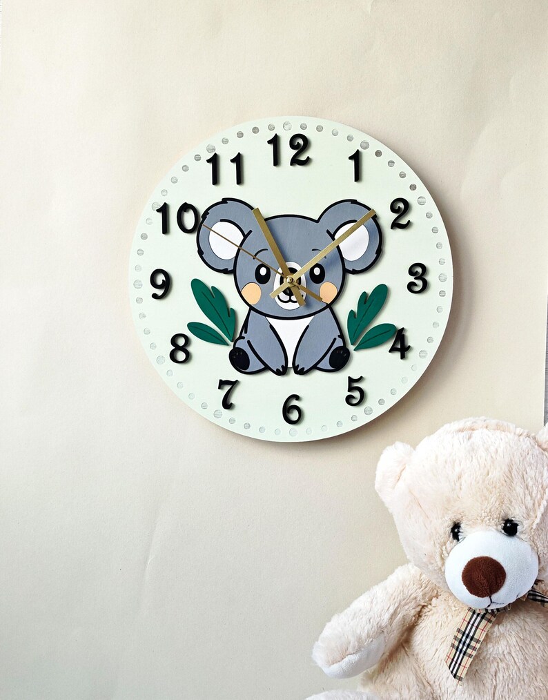 Koala Wall Clock, Nursery Room Wooden Clock, Woodland Animal Cartoon ...