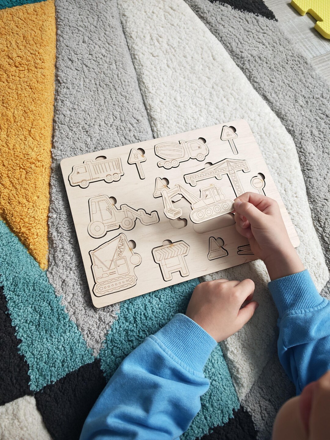 Wooden Construction Vehicle Puzzle for Kids | Handmade Educational Toy ...