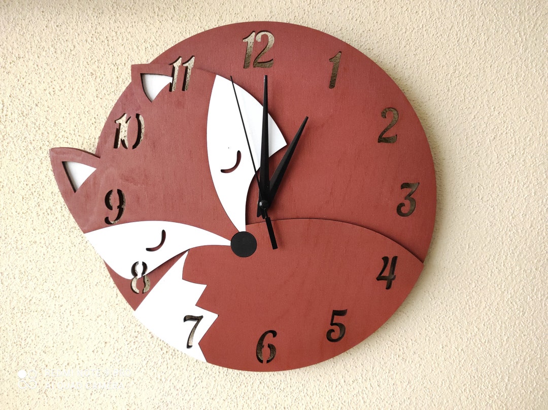 Fox Wall Clock Wooden Wall Clock Nursery Room Silent Movement Wall ...