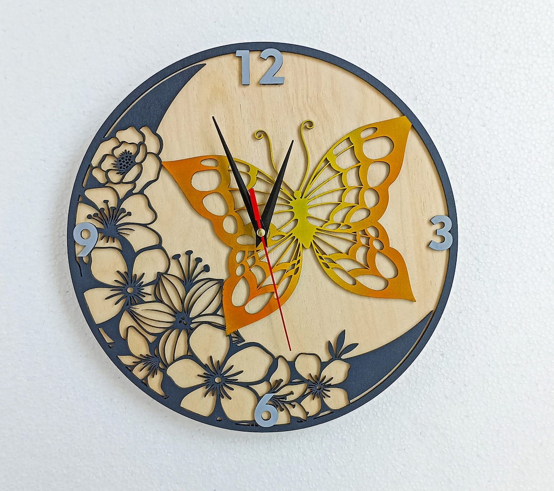 Elegant Wooden Wall Clock With Flowers & Butterfly - Handcrafted Silent ...